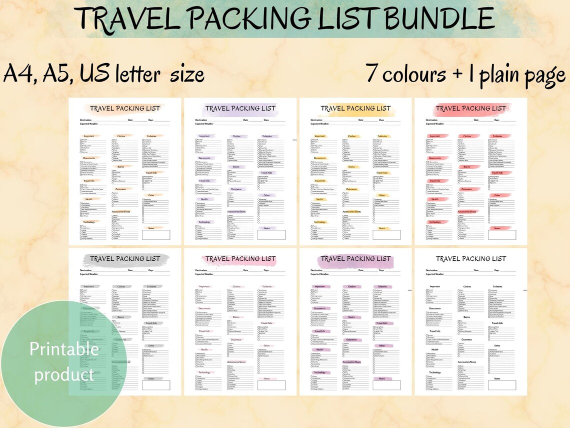 Travel Packing List Printable Bundle Vacation Packing List - Etsy UK