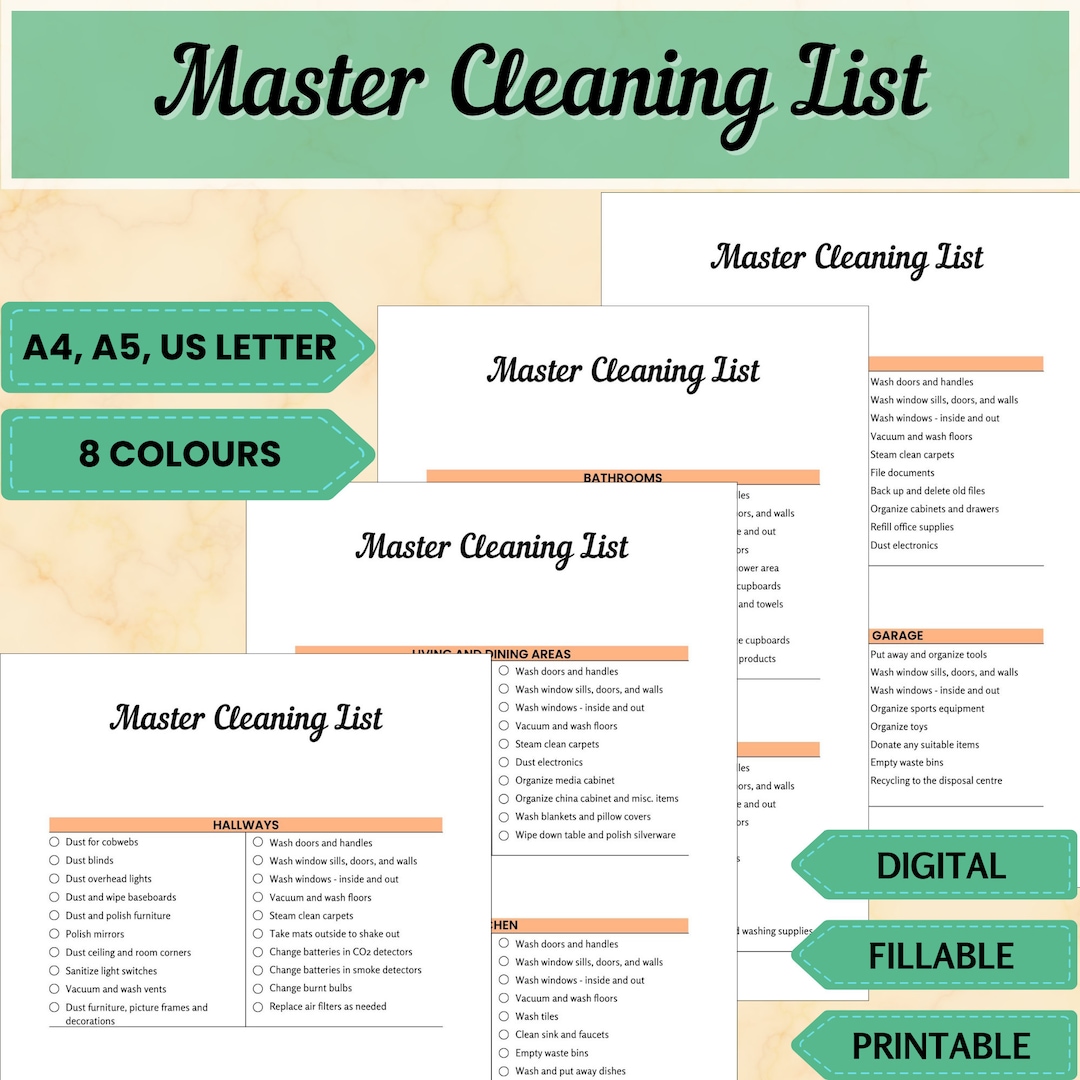 Master Cleaning List, Printable Cleaning Planner, Cleaning Checklist ...