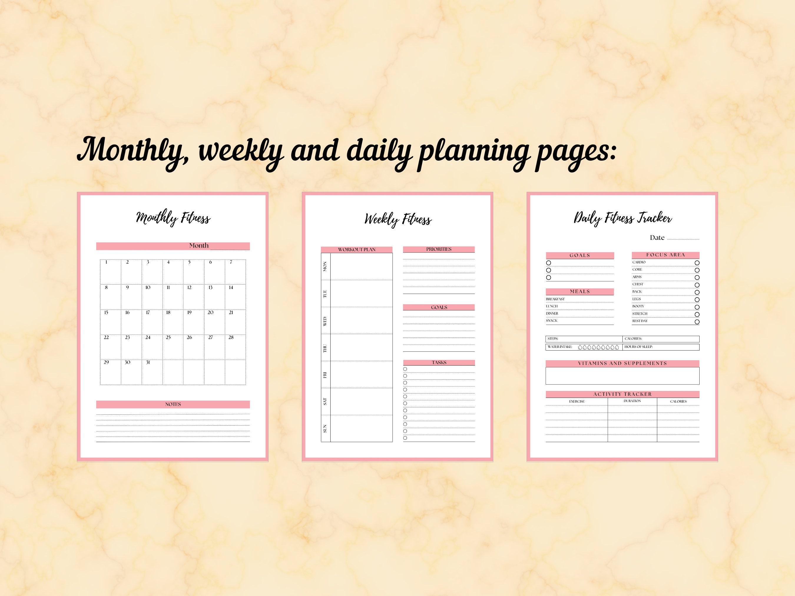 Pink Fitness Planner Printable, Girly Workout Journal Digital, Feminine ...