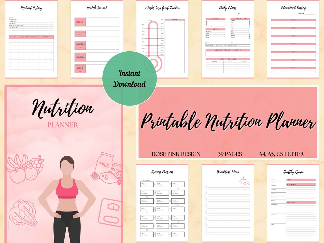 Pink Nutrition Planner Printable, Girly Nutrition Tracker Digital ...
