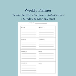 Colorful Weekly Printable Program Planner, A4 and A5 Sizes, Monday and ...
