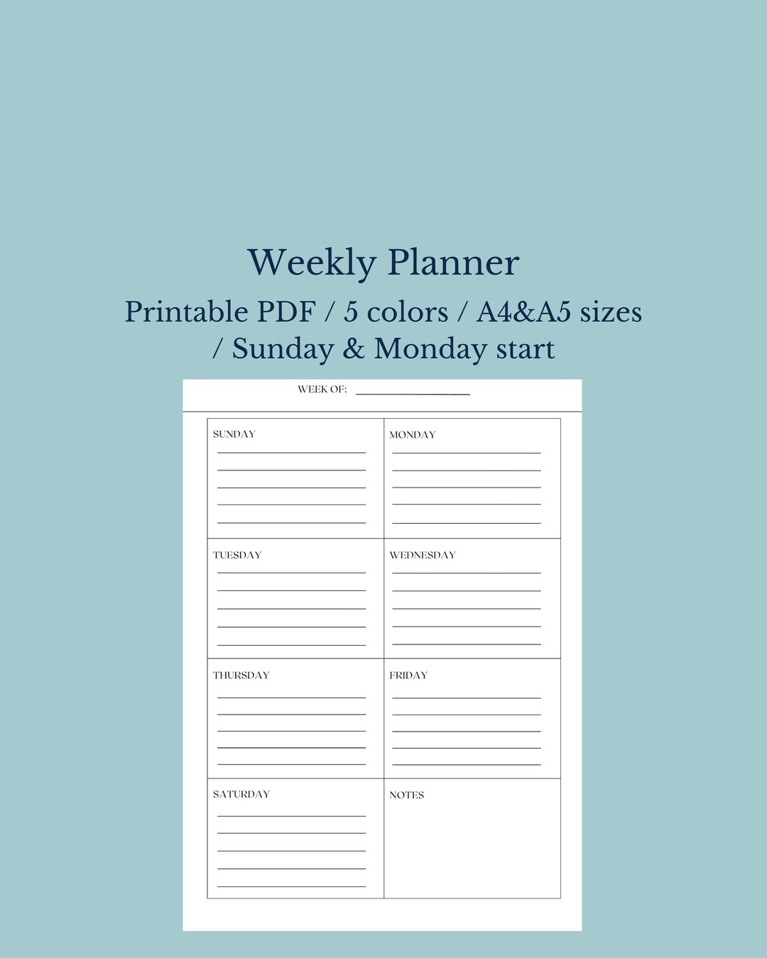 Colorful Weekly Printable Program Planner, A4 and A5 Sizes, Monday and ...