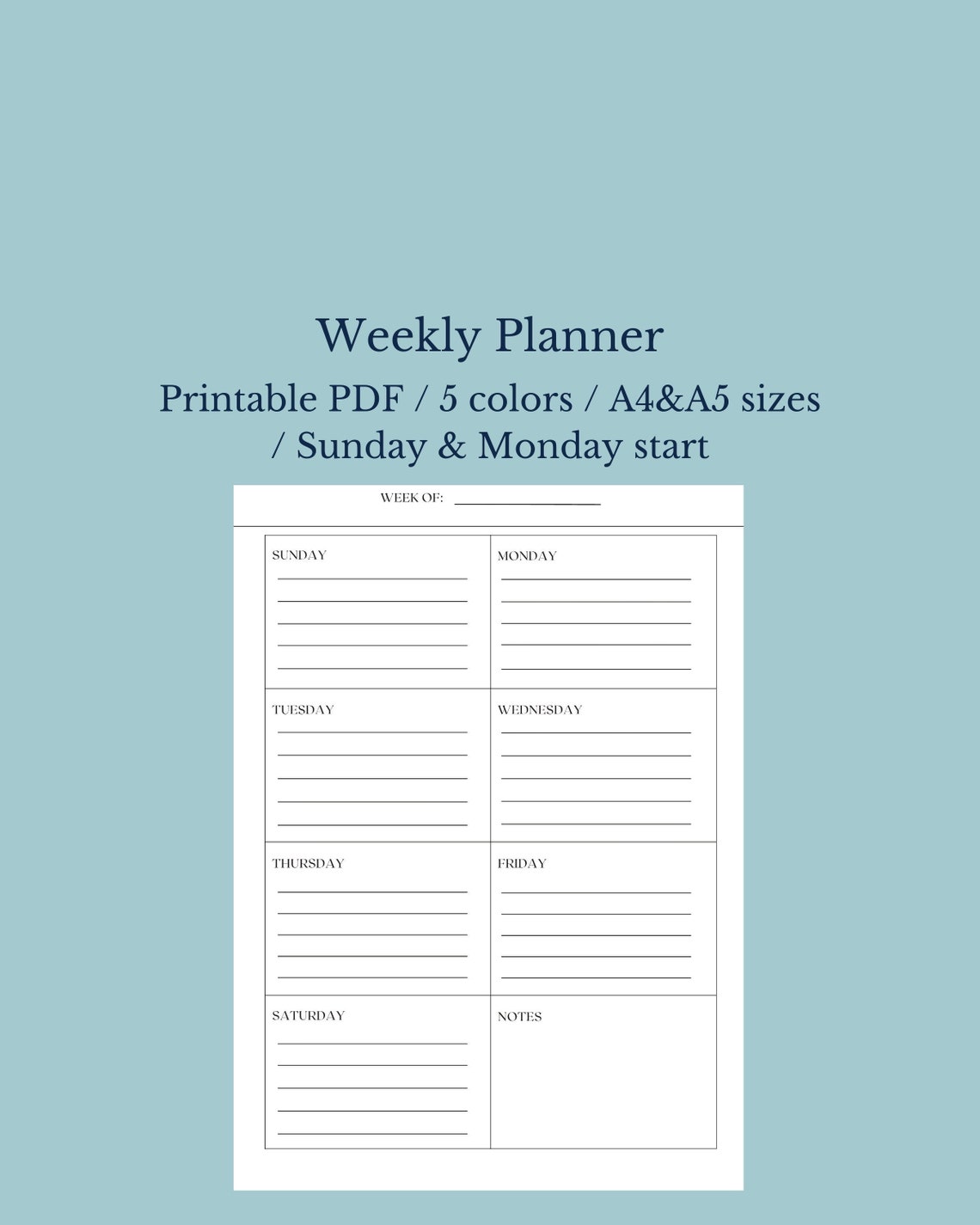 Colorful Weekly Printable Program Planner, A4 and A5 Sizes, Monday and ...