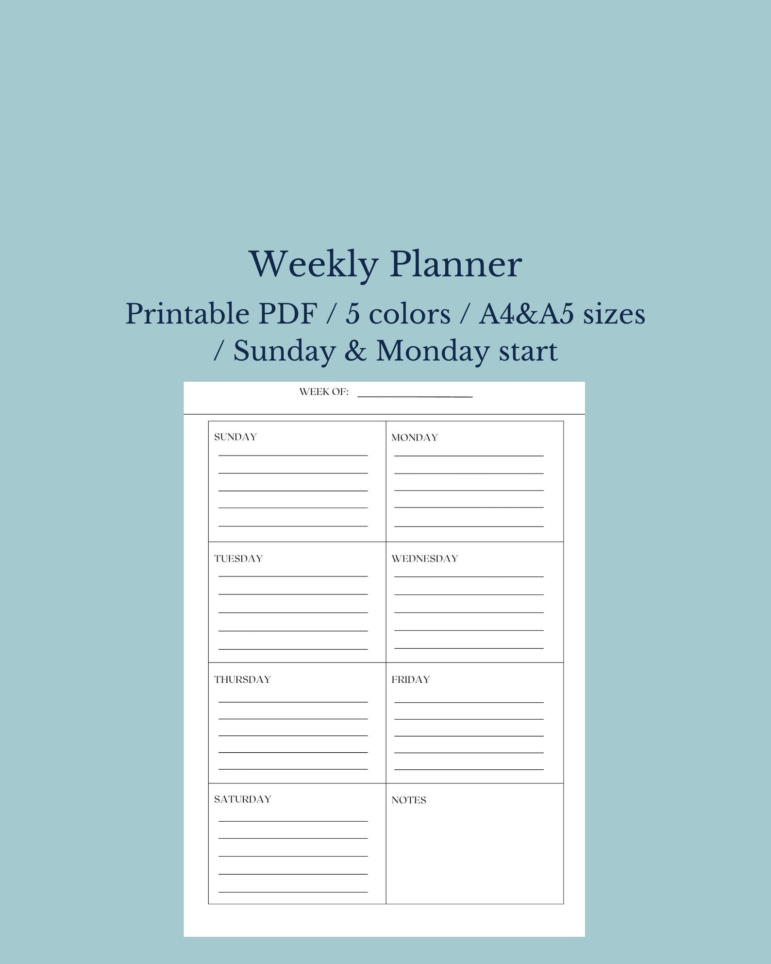 Colorful Weekly Printable Program Planner, A4 and A5 Sizes, Monday and ...