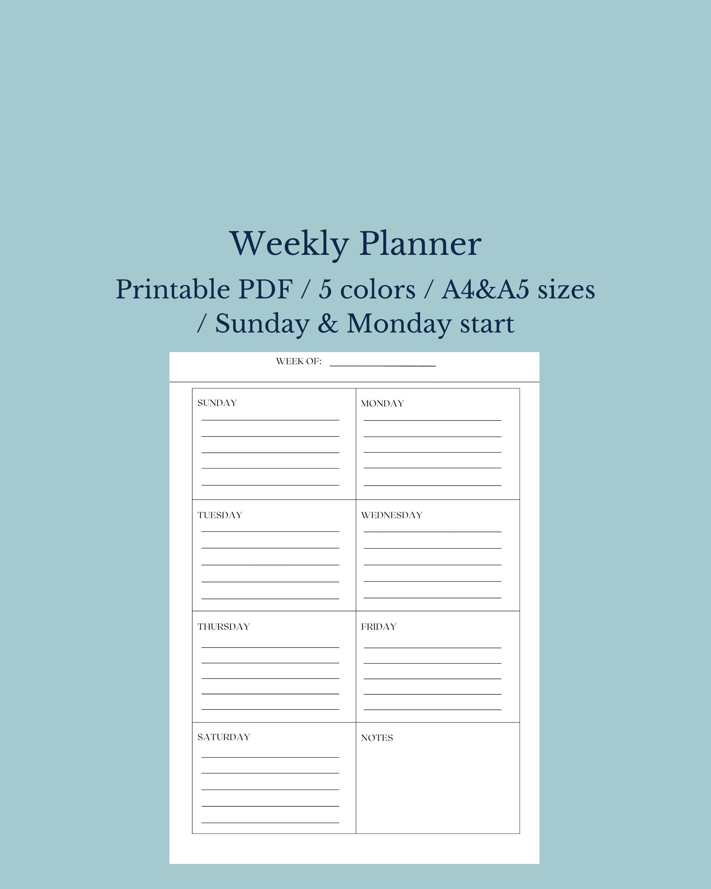 Colorful Weekly Printable Program Planner, A4 and A5 Sizes, Monday and ...