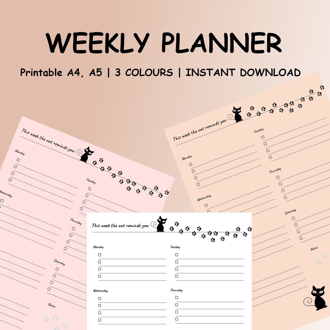 Weekly Planner Printable, Cat, to Do List, Instant Download, Weekly ...