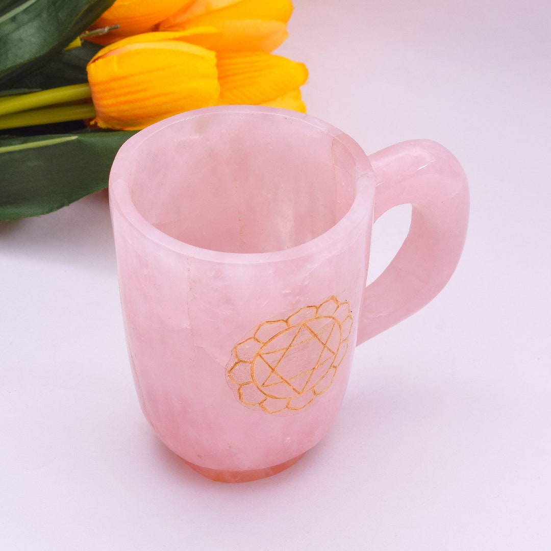 Rose Quartz Coffee Mug With Heart Chakra Golden Engraving Gemstone Mugs ...