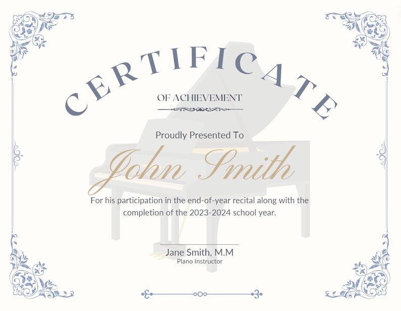 Editable Piano Certificate 8.5x11" - INSTANT DOWNLOAD - Piano ...