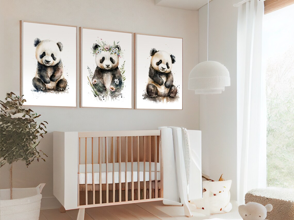 Wall Art | Baby Panda | Kids Room Art | 3piece Wall Art | Digital ...