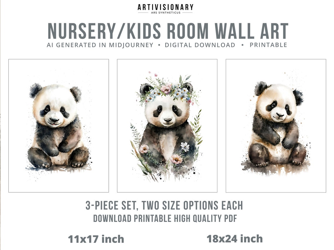 Wall Art | Baby Panda | Kids Room Art | 3piece Wall Art | Digital ...