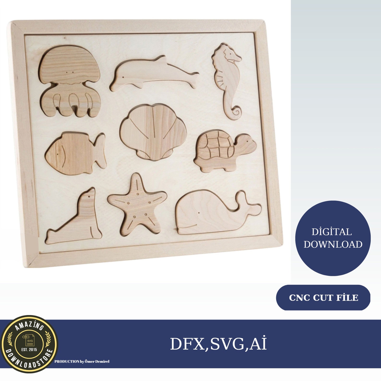 Montessori Sea Animals Wooden Puzzle for Kids SVG, DXF File for Laser ...