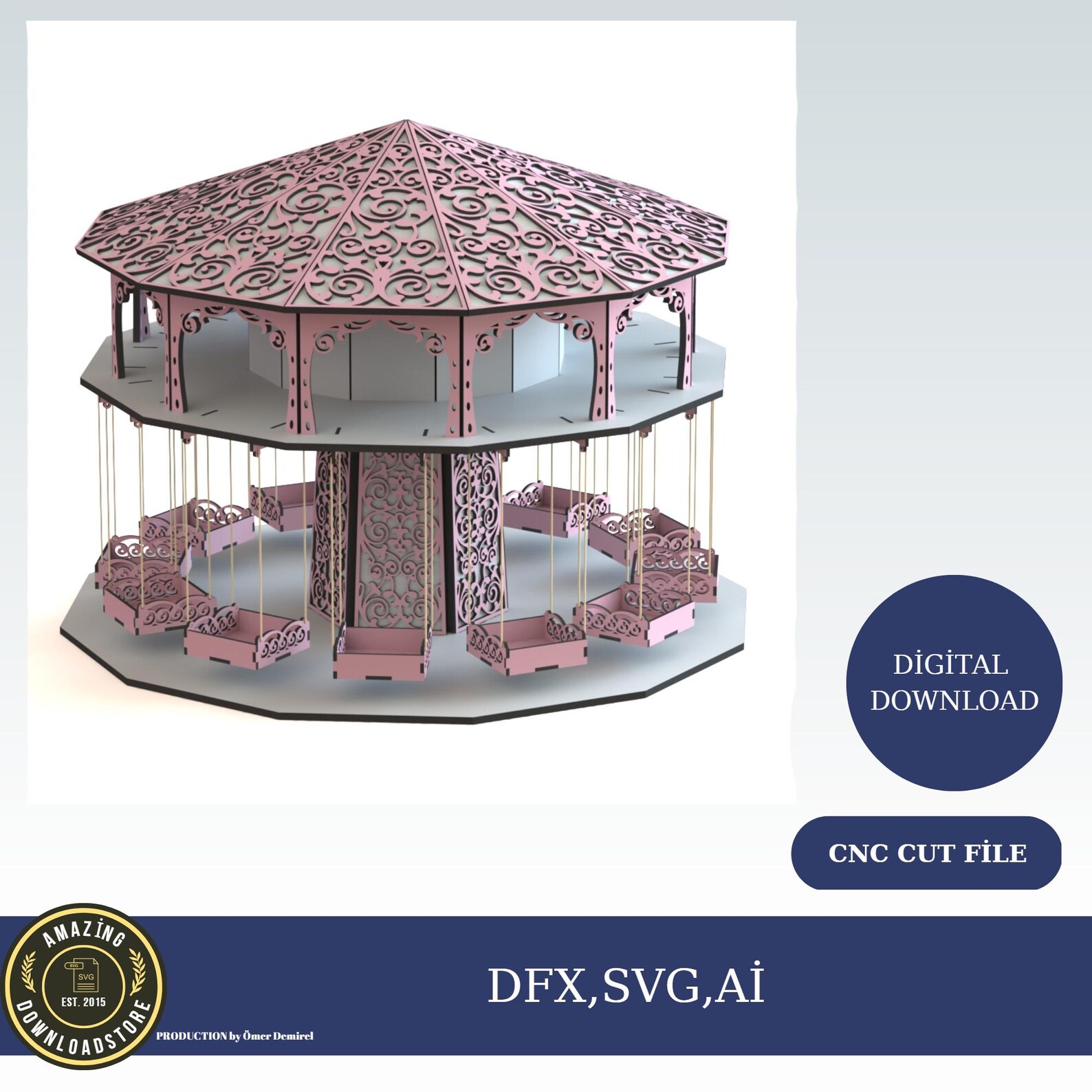 3D Carousel Laser Cut File SVG Wooden Carousel File for Laser DXF Cut ...