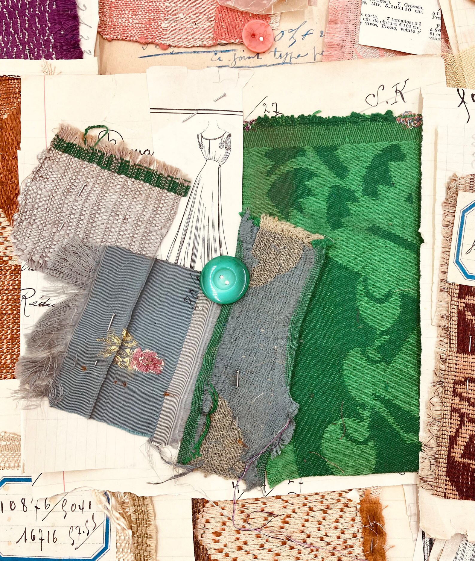 Antique Paper and Textile French Set. Fabric Pieces Pinned to a Book ...
