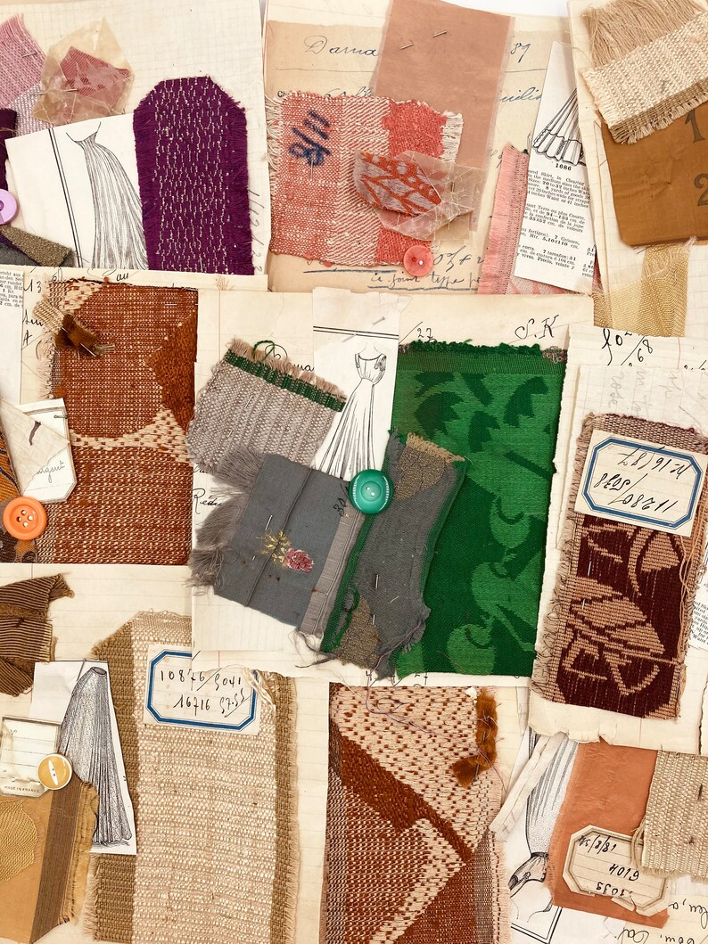 Antique Paper and Textile French Set. Fabric Pieces Pinned to a Book ...