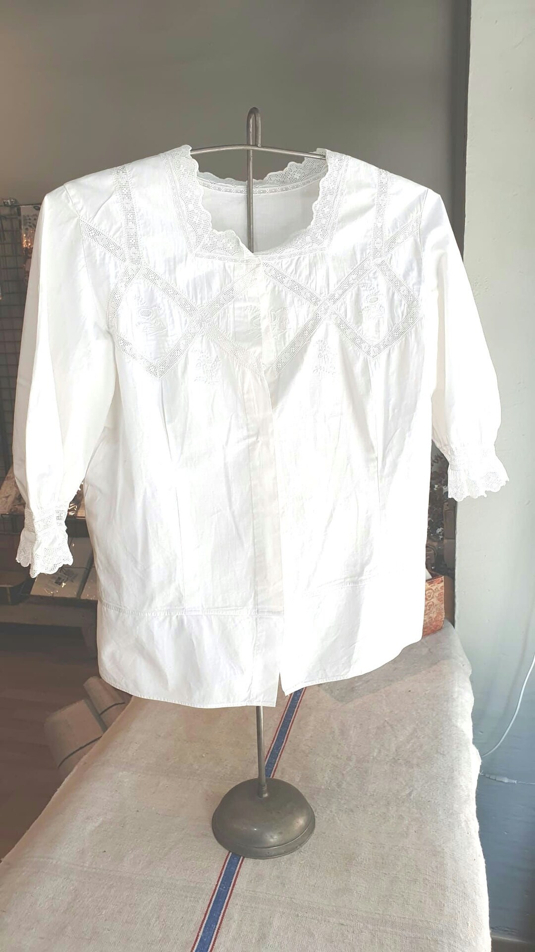 Antique Cotton Shirt. Well-preserved. Hand-embroided English Laces ...