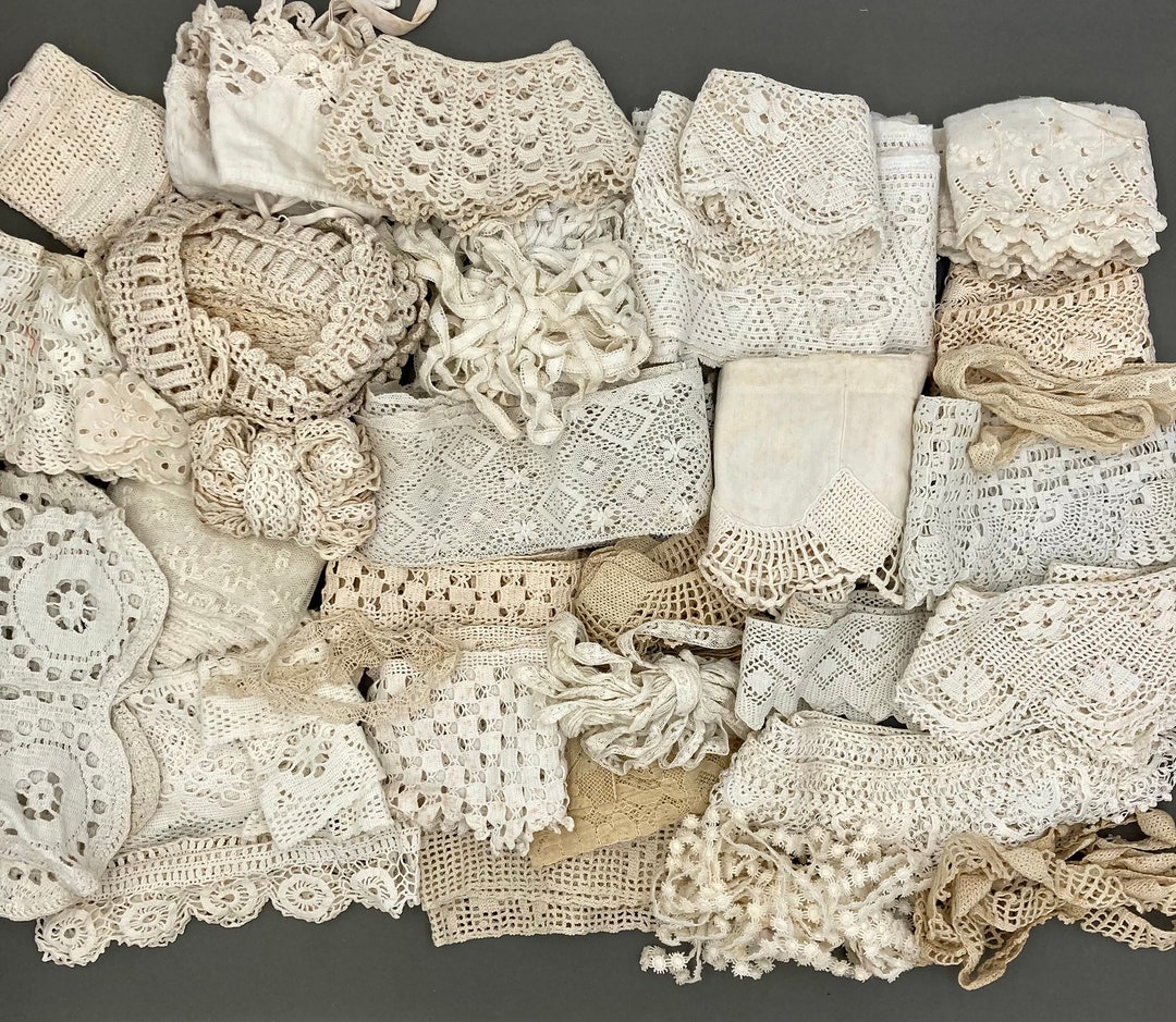 Antique French Lace Lot: Delicate Trim, Embroidered Mesh, Valenciennes ...