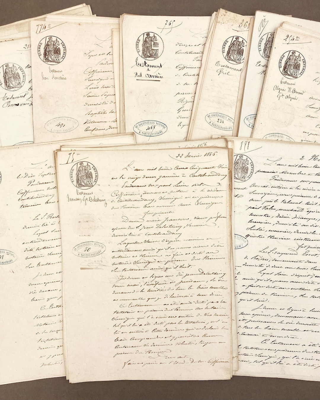 Antique Notarial Manuscript Acts. 5 French Hand Written Testamentary ...