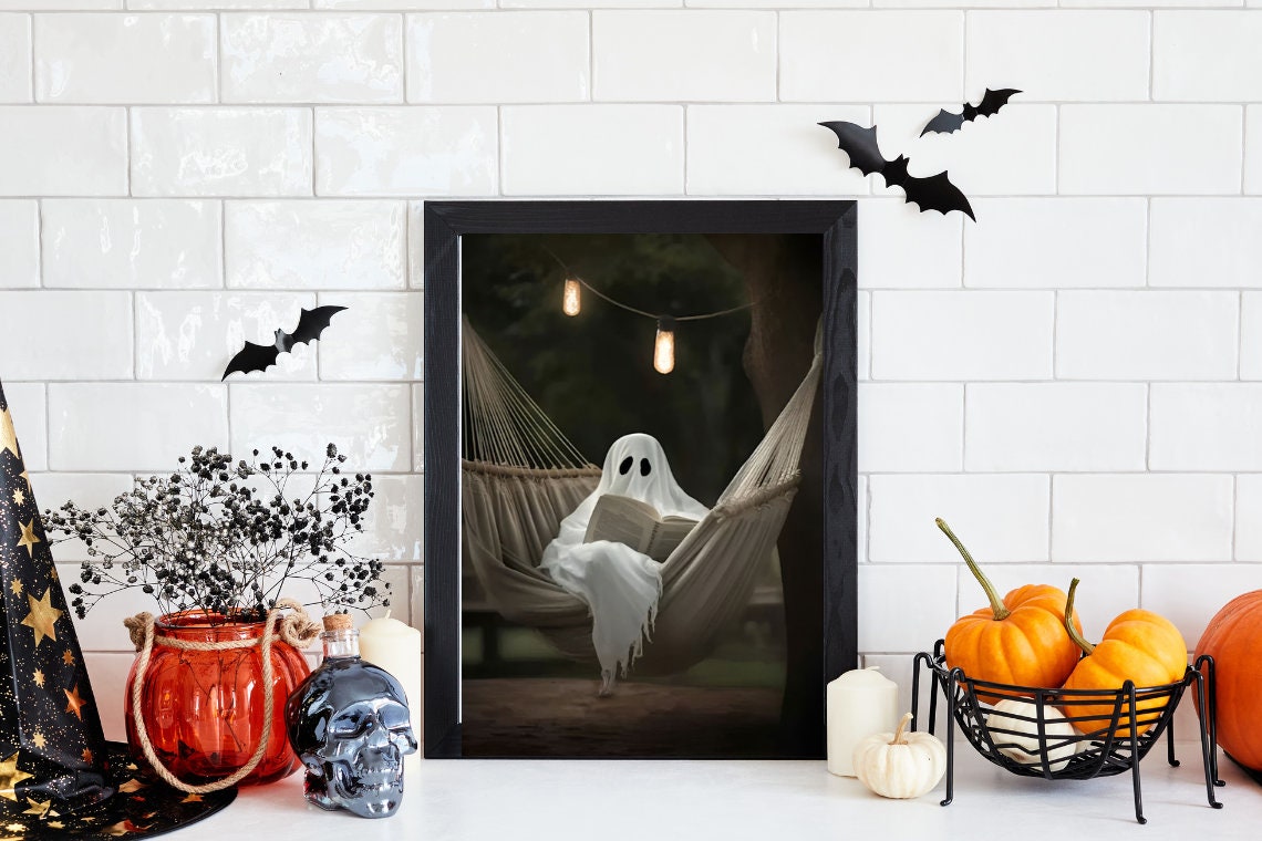 Ghost Reading A Book Poster Digital Download, Cute Little Ghost Face ...