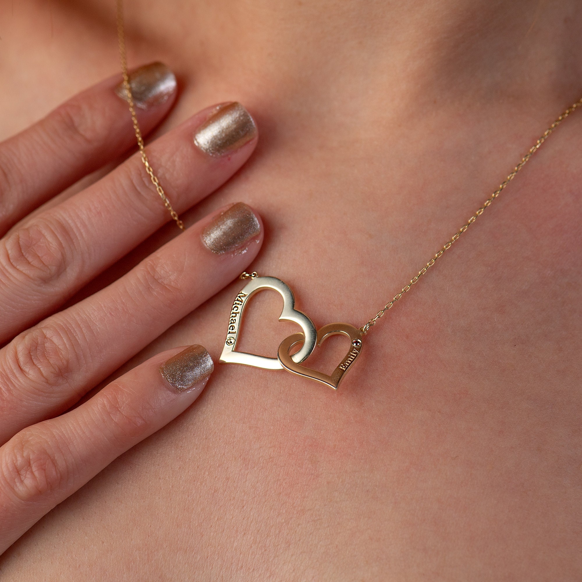 14k Double Heart Name Necklace Personalize Two Names Etsy