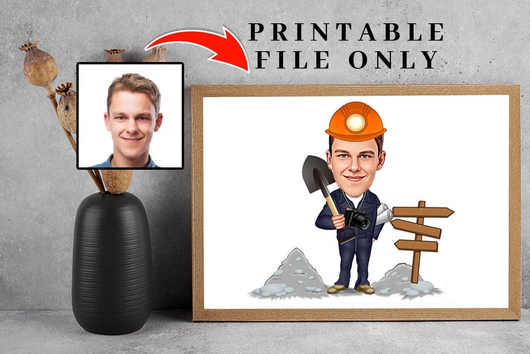Miner Cartoon Portrait Drawing From Photo, Mining Gift for Men, Custom ...