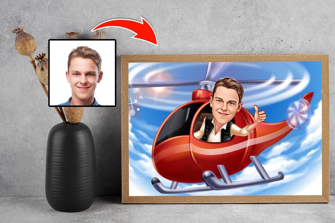 Helicopter Pilot Cartoon Portrait From Photo, Funny Helicopter Gift for ...