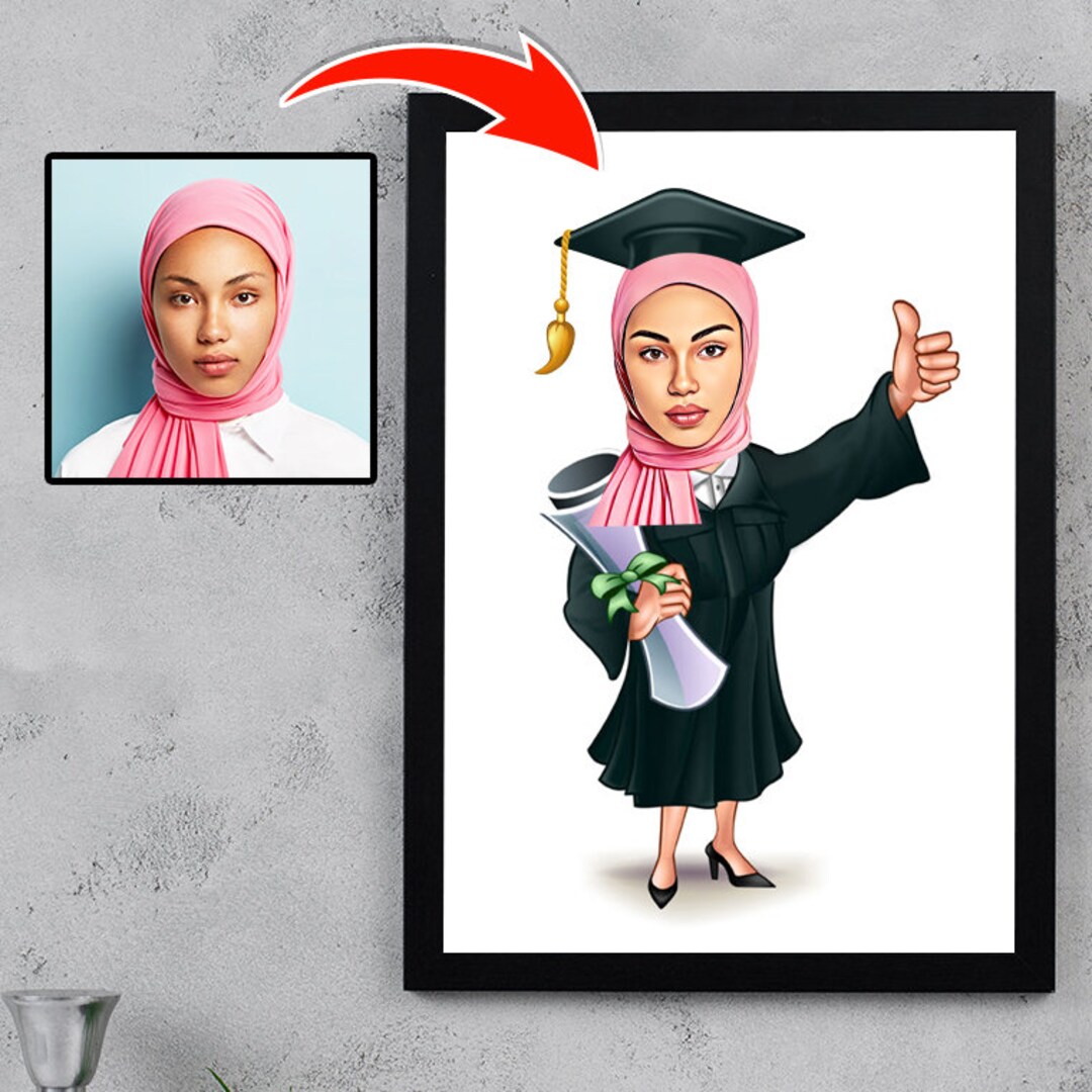 Muslim Graduation Cartoon Portrait From Photo, Funny Muslim Grad Gift ...
