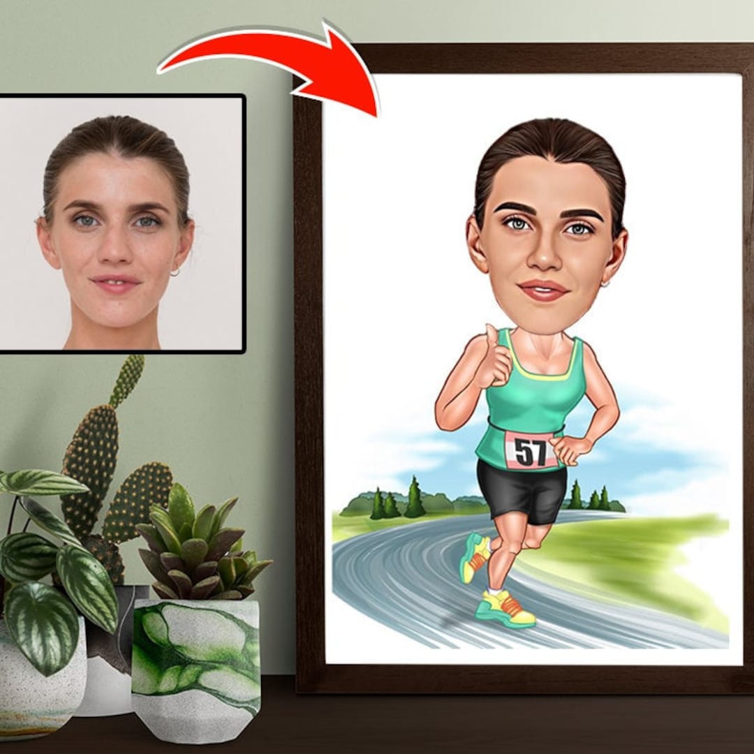 Custom Marathon Running Cartoon Portrait, Gift for Female Marathon ...