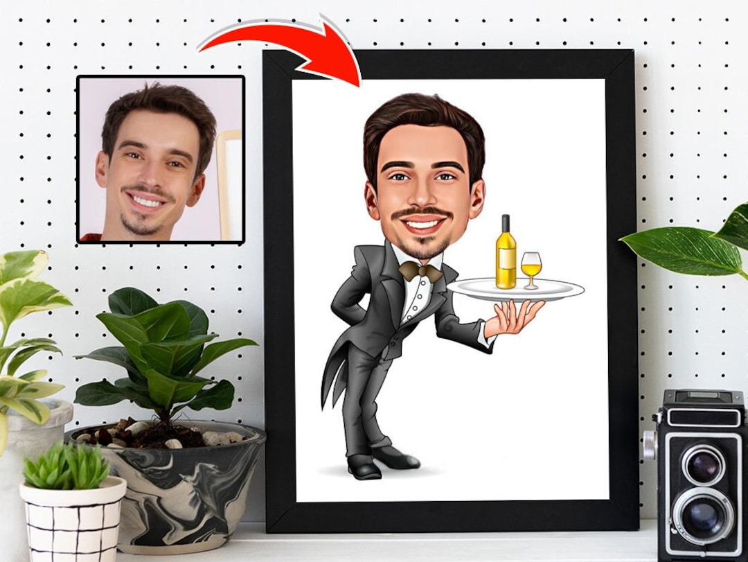 Waiter Cartoon Portrait Drawing From Photo, Waiter Caricature Drawing ...