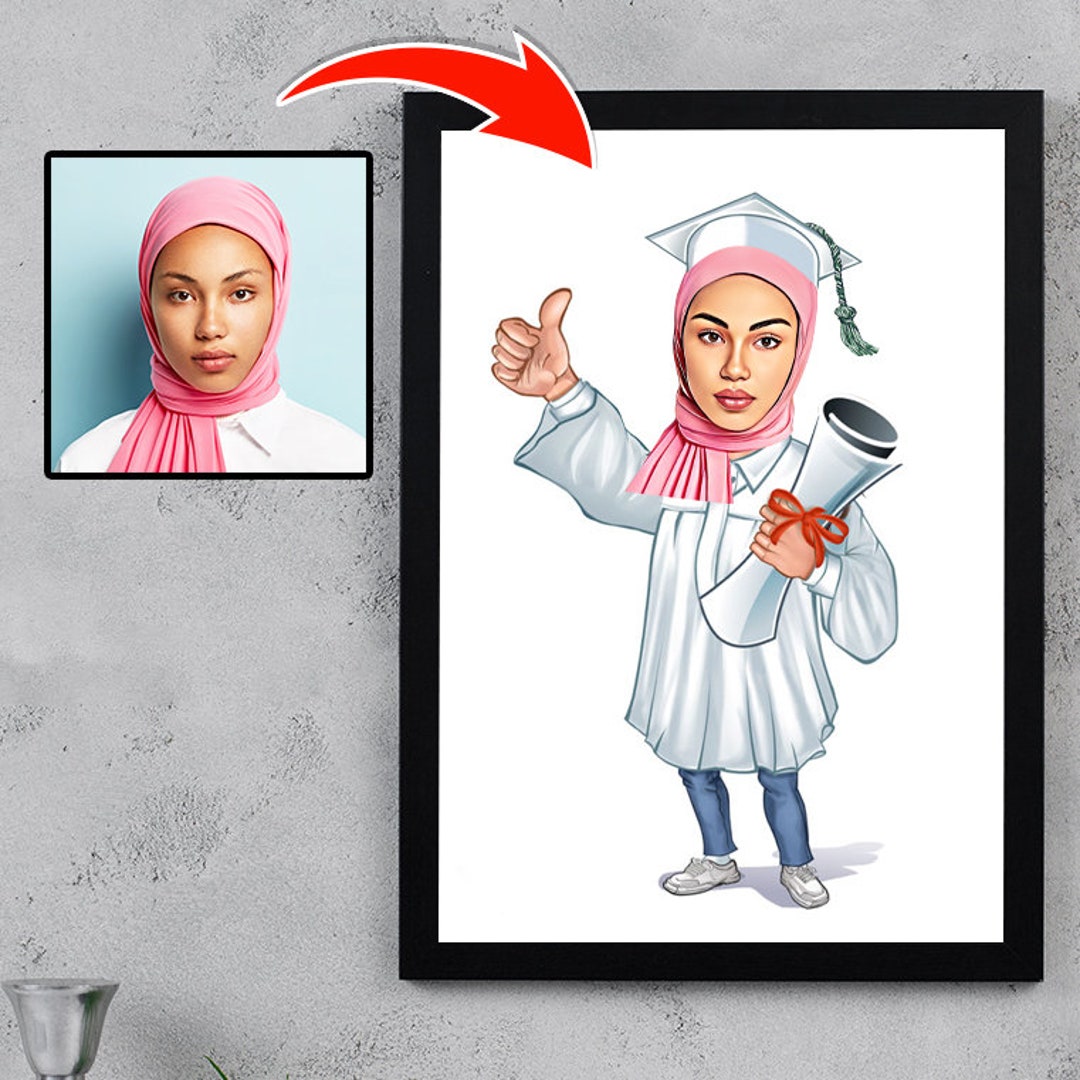 Muslim Graduation Cartoon Portrait From Photo, Funny Muslim Grad Gift ...