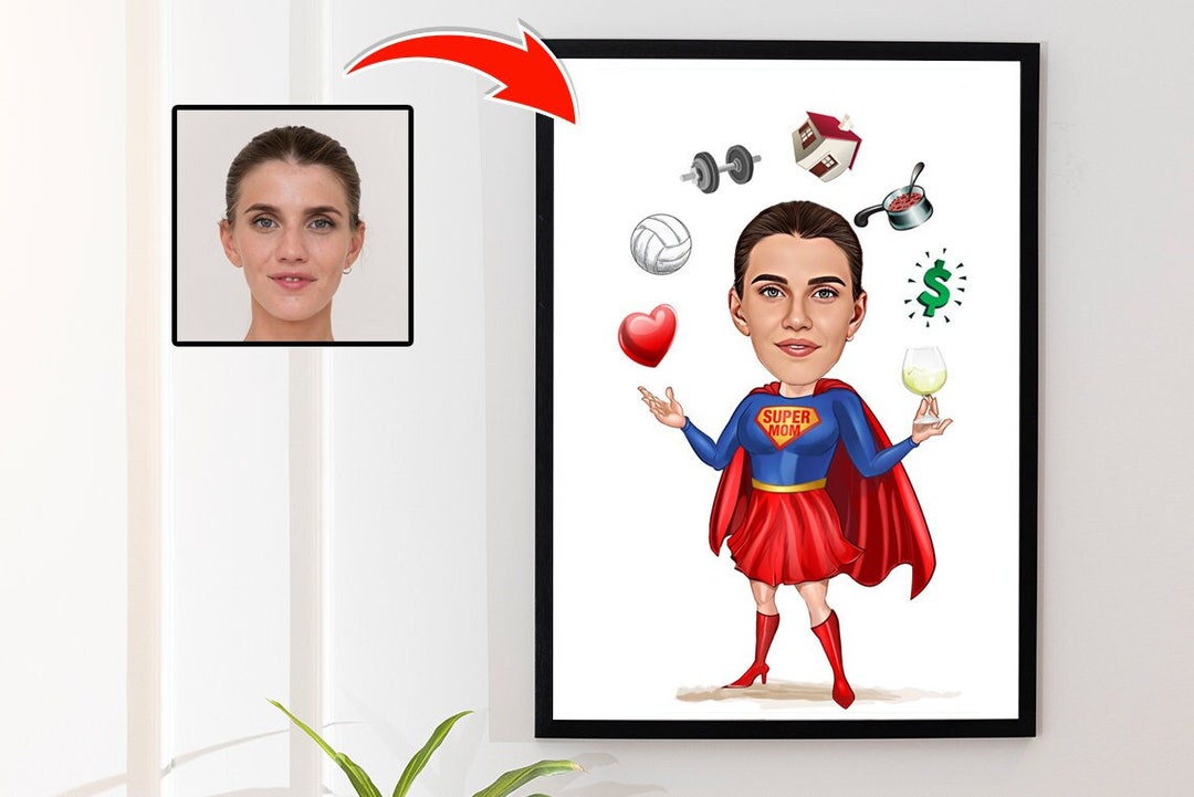 Super Mom Caricature Portrait Drawing From Photo, Super Mom Gift From ...