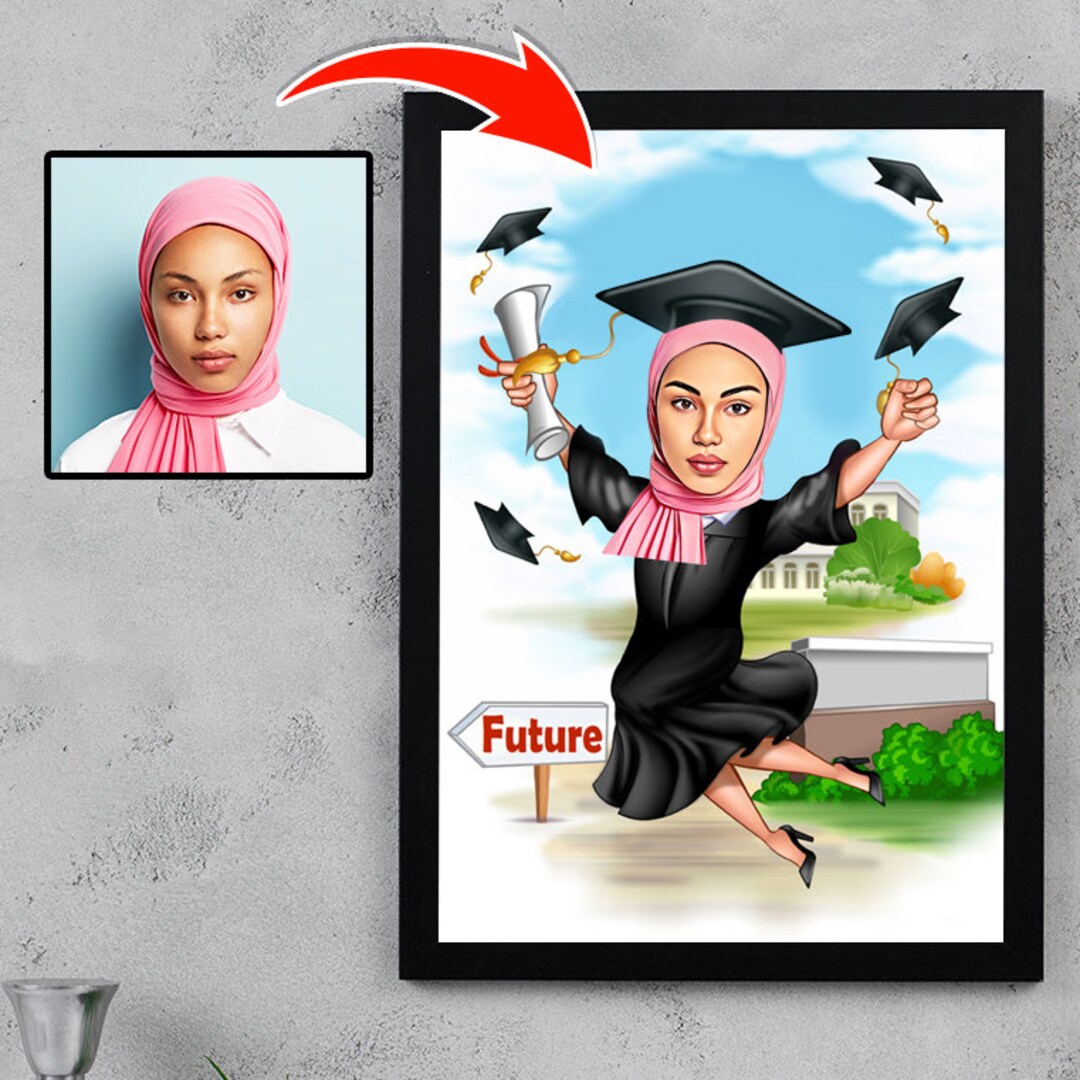 Muslim Graduation Cartoon Portrait From Photo, Funny Muslim Grad Gift ...