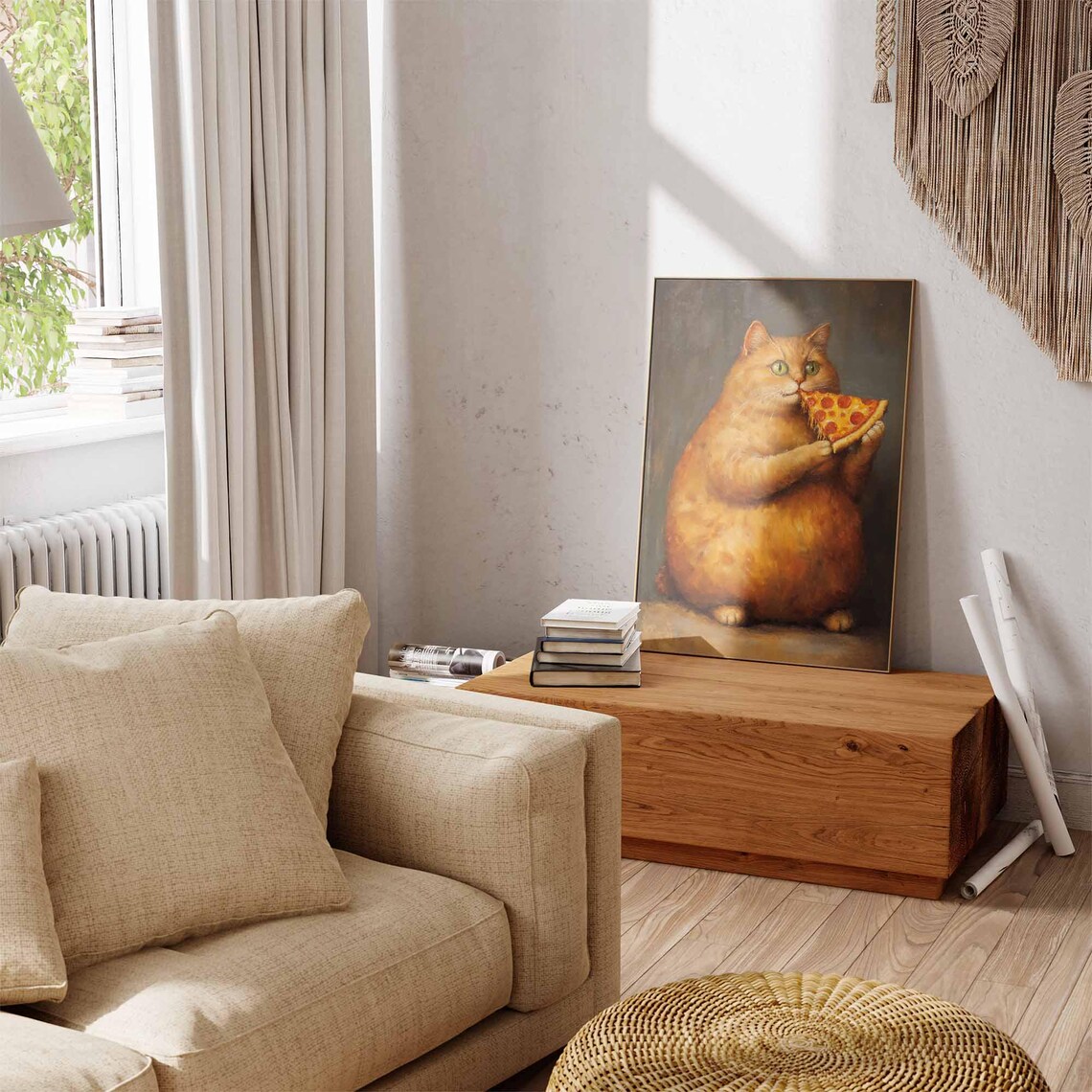 Cute Fat Cat Eating Pizza | Funny Oil Painting Style Wall Art for Cat ...