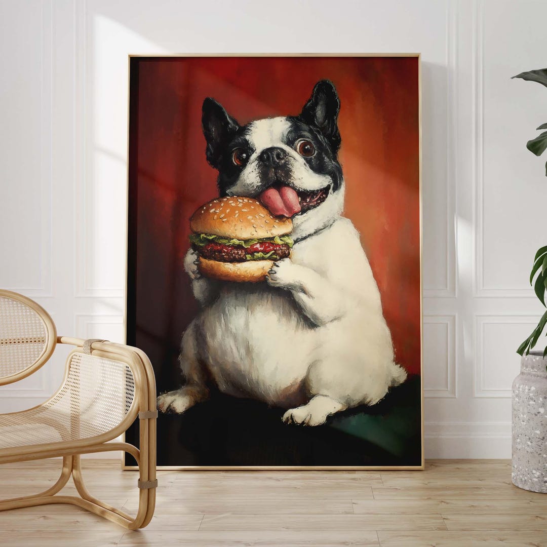 Cute Dog Eating Hamburger Poster | Funny Oil Painting Style Dog Art for ...