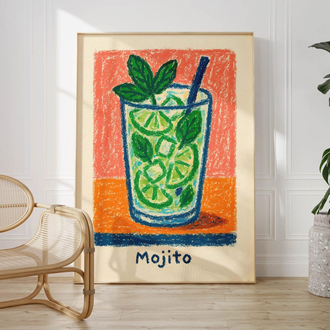 Mojito Cocktail Poster | Colorful Cocktail Art Print, Crayon Style Bar ...