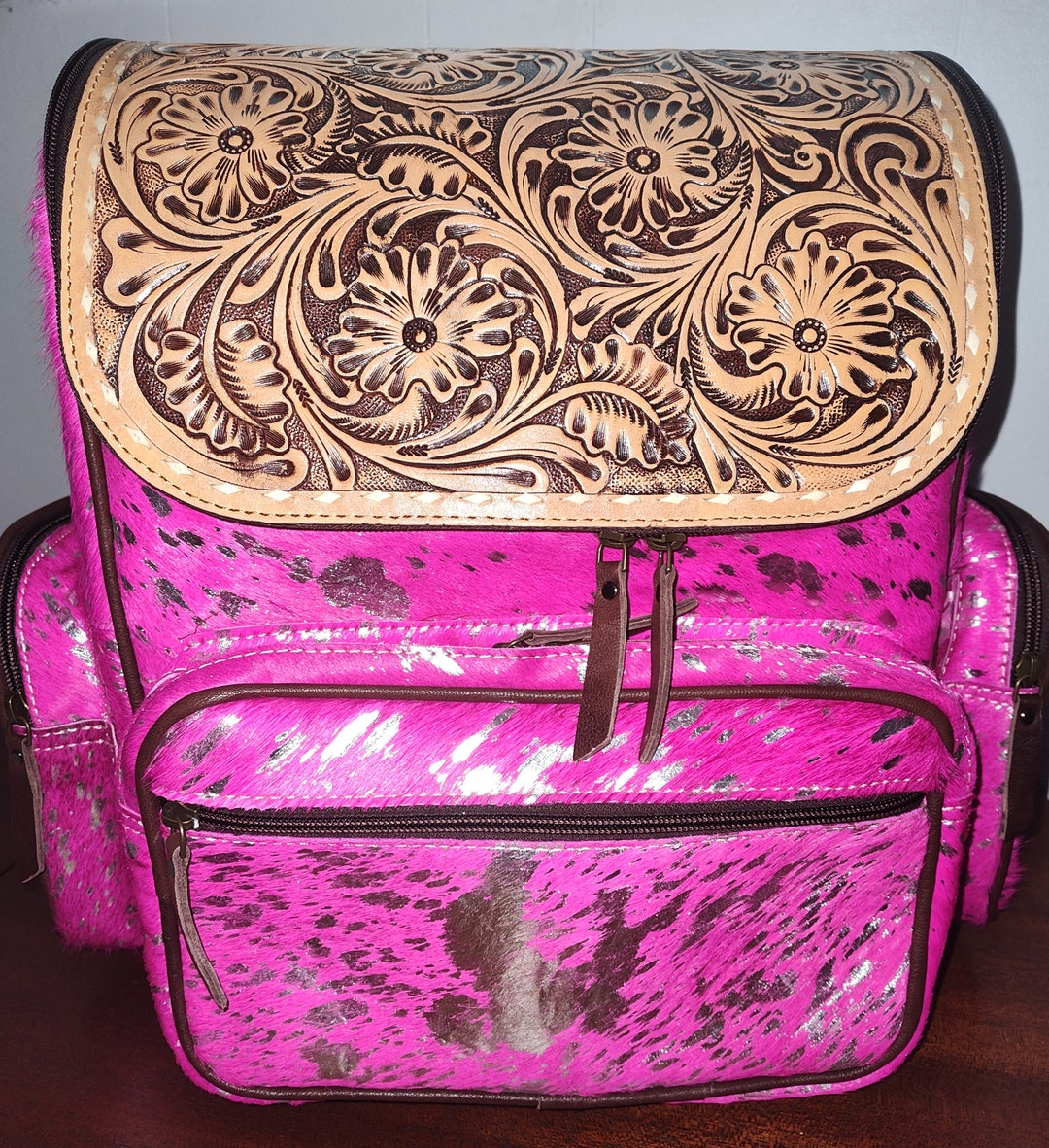 Hot Pink Acid Wash Cowhide/tooled Leather Backpack - Etsy
