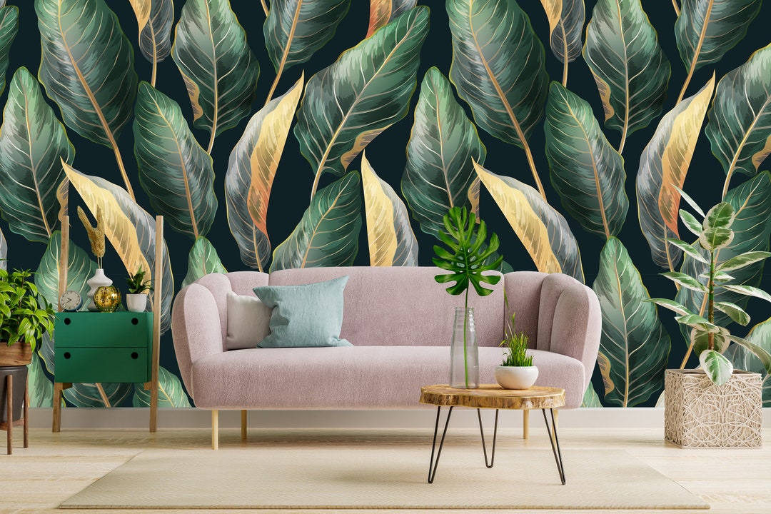 Vintage Palm Leaves, Peel and Stick Wallpaper Dark Vintage Tropical ...