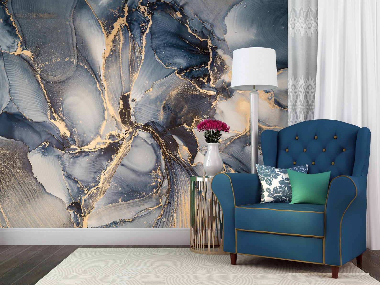 Dark Blue Luxury Wallpaper | Gilded Marble Look Wallpaper| Modern ...