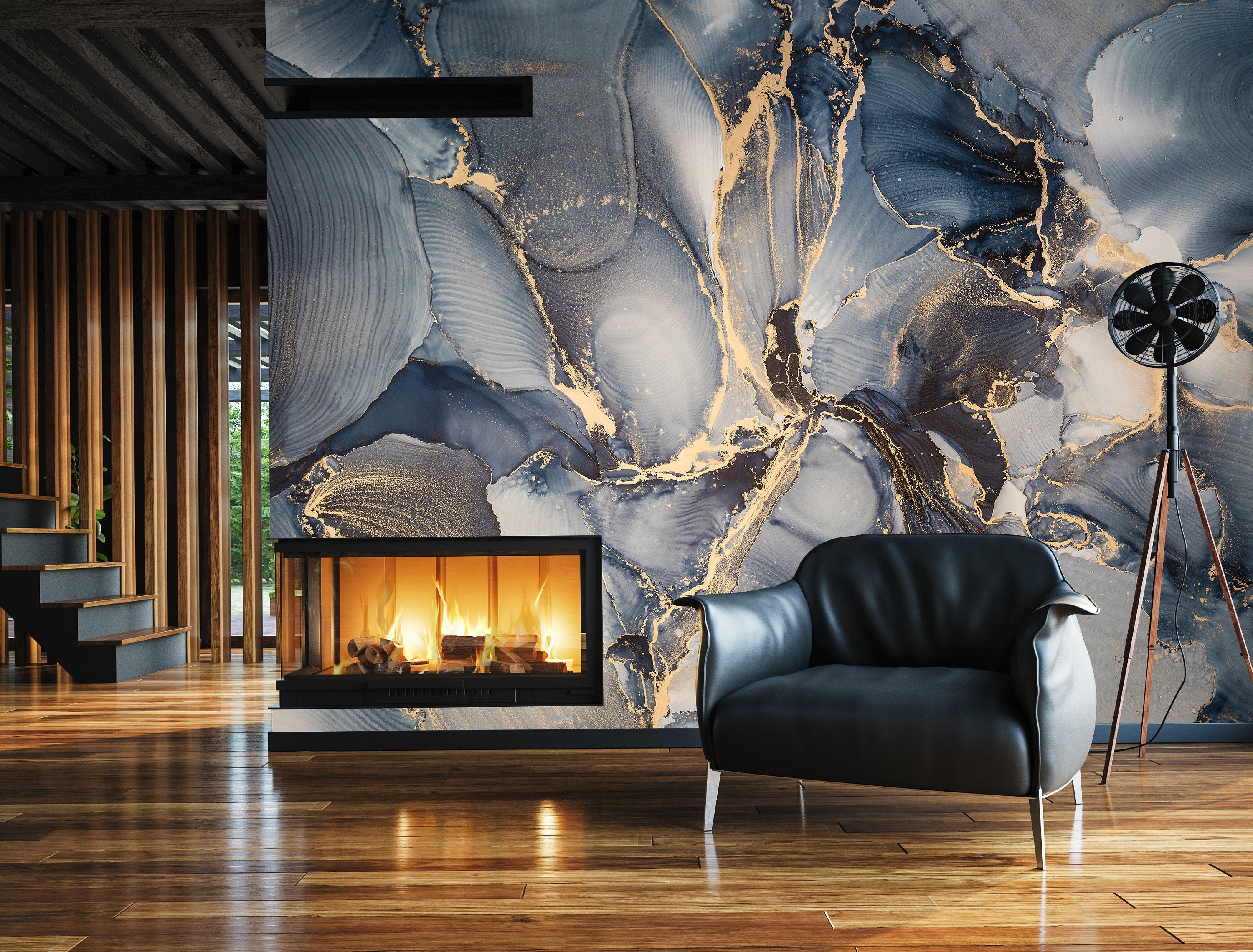 Dark Blue Luxury Wallpaper | Gilded Marble Look Wallpaper| Modern ...