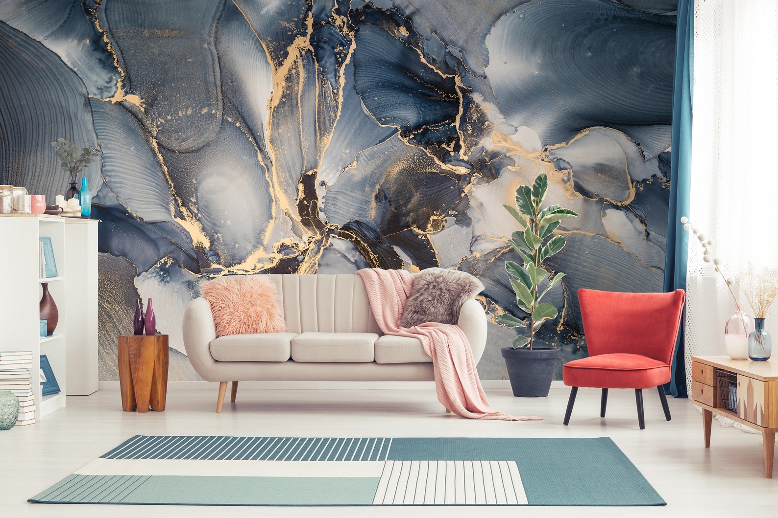 Dark Blue Luxury Wallpaper | Gilded Marble Look Wallpaper| Modern ...