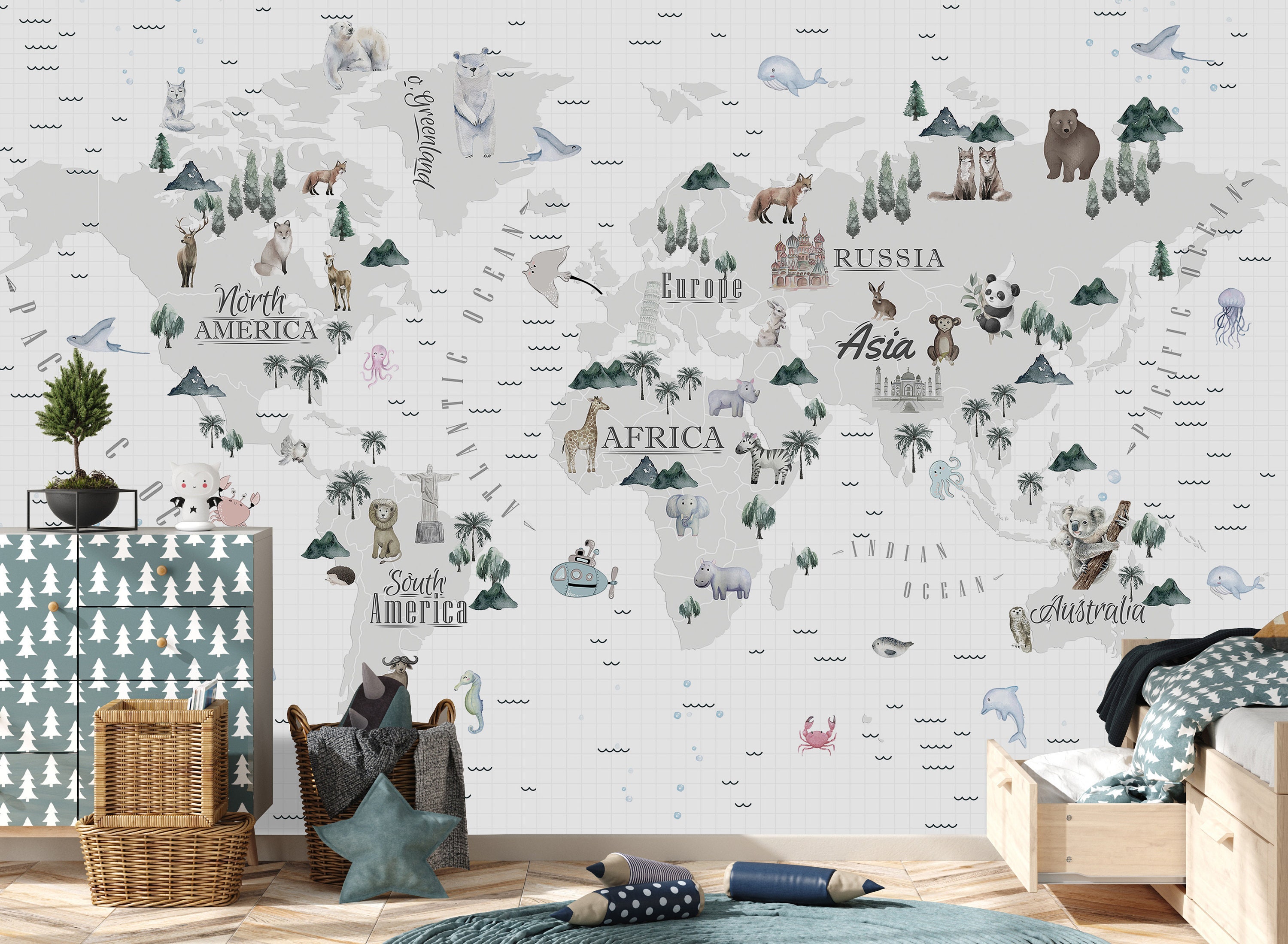 Kids Map Wallpaper Kid Room Wallpaper, Peel and Stick, Removable, Child ...