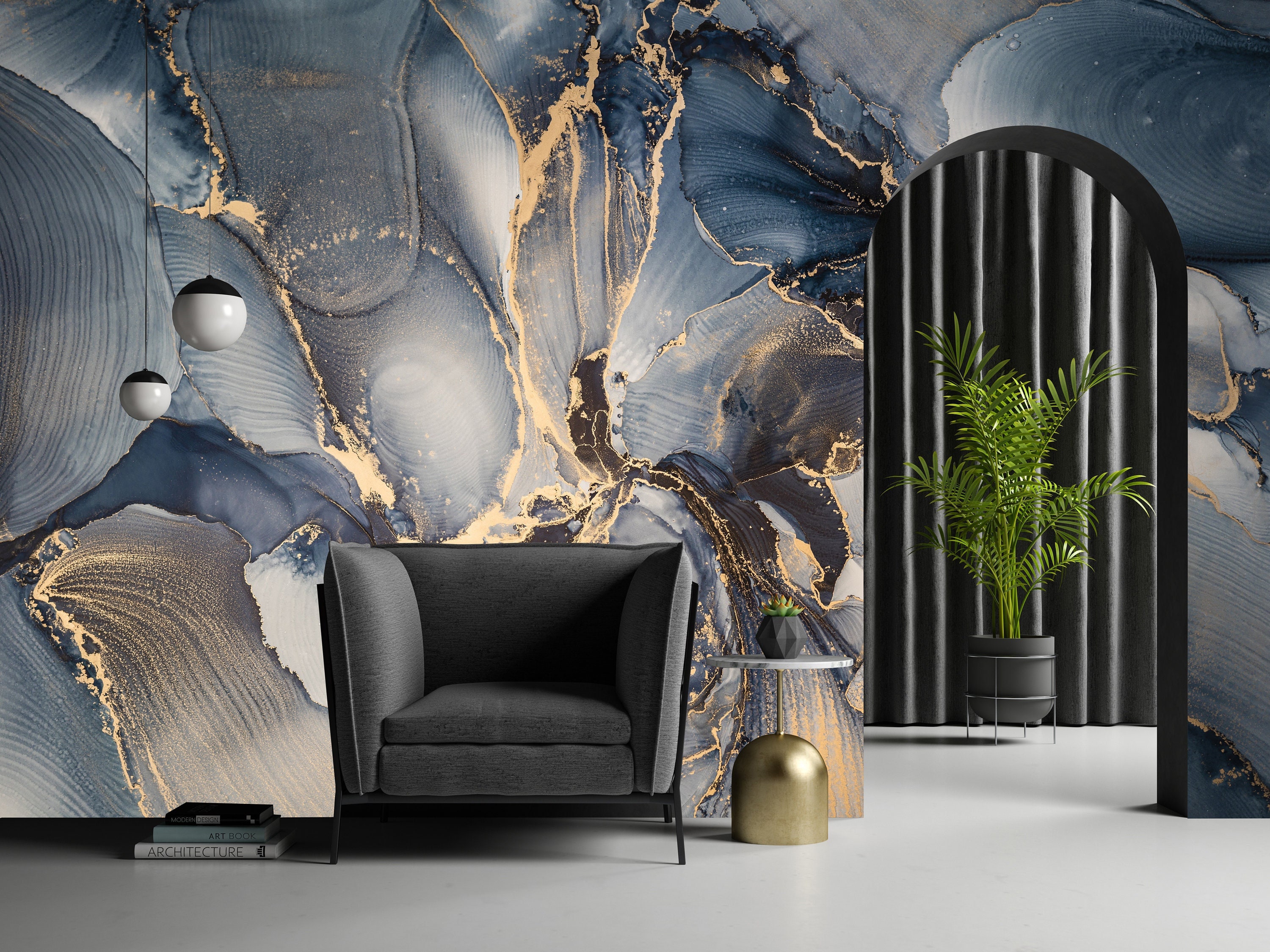 Dark Blue Luxury Wallpaper | Gilded Marble Look Wallpaper| Modern ...
