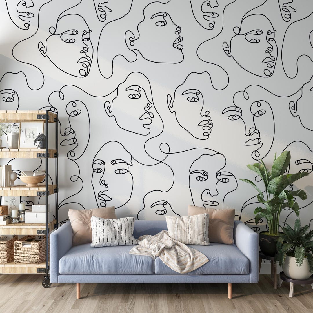 Abstract Face Wallpaper Hand Draw Wallpaper Wall Decor Peel and Stick ...