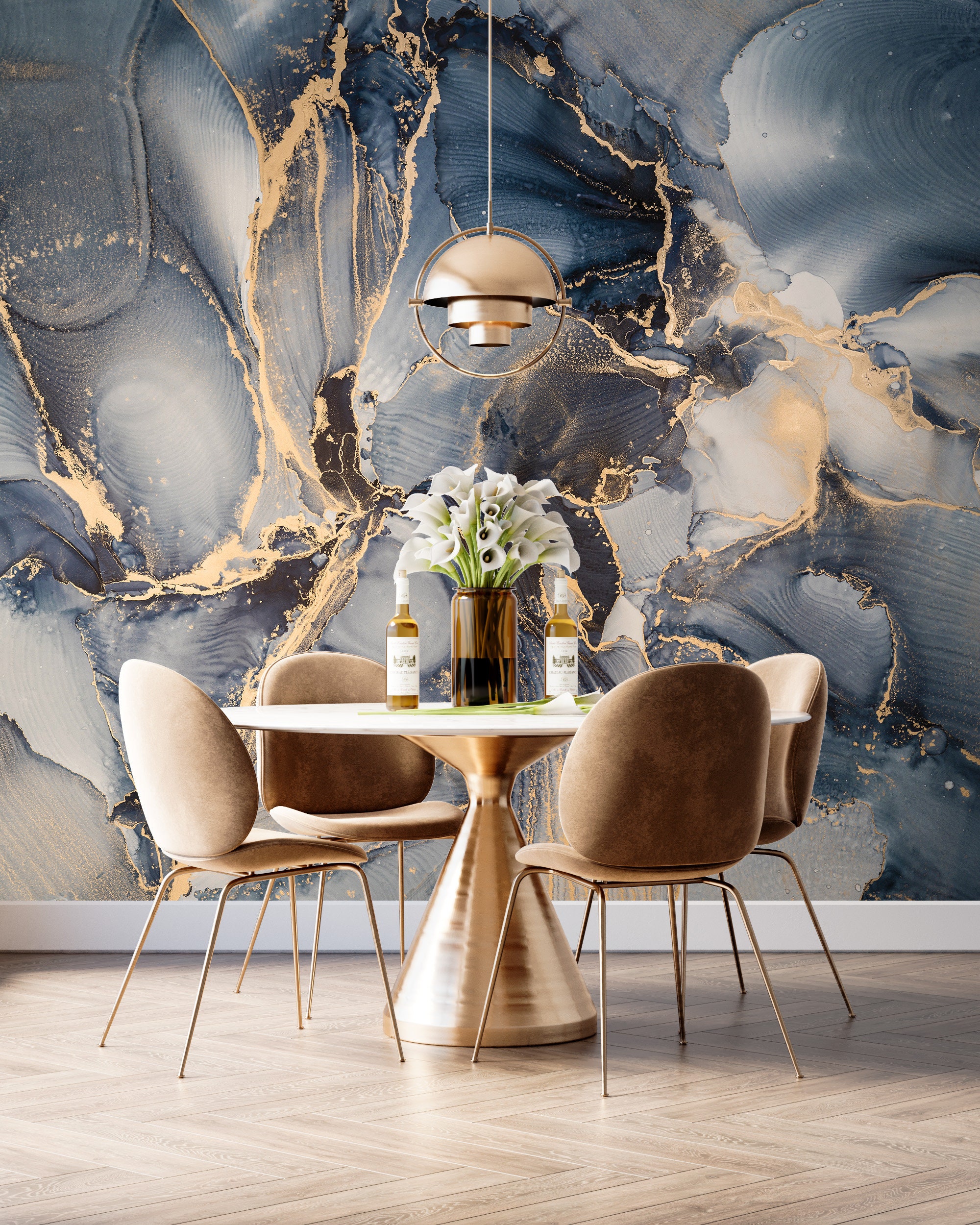 Dark Blue Luxury Wallpaper | Gilded Marble Look Wallpaper| Modern ...