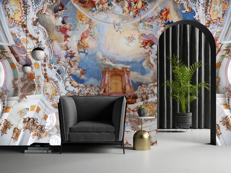 Renaissance Art Wallpaper | Fresco Art Wall Mural, Ceiling Wallpaper ...