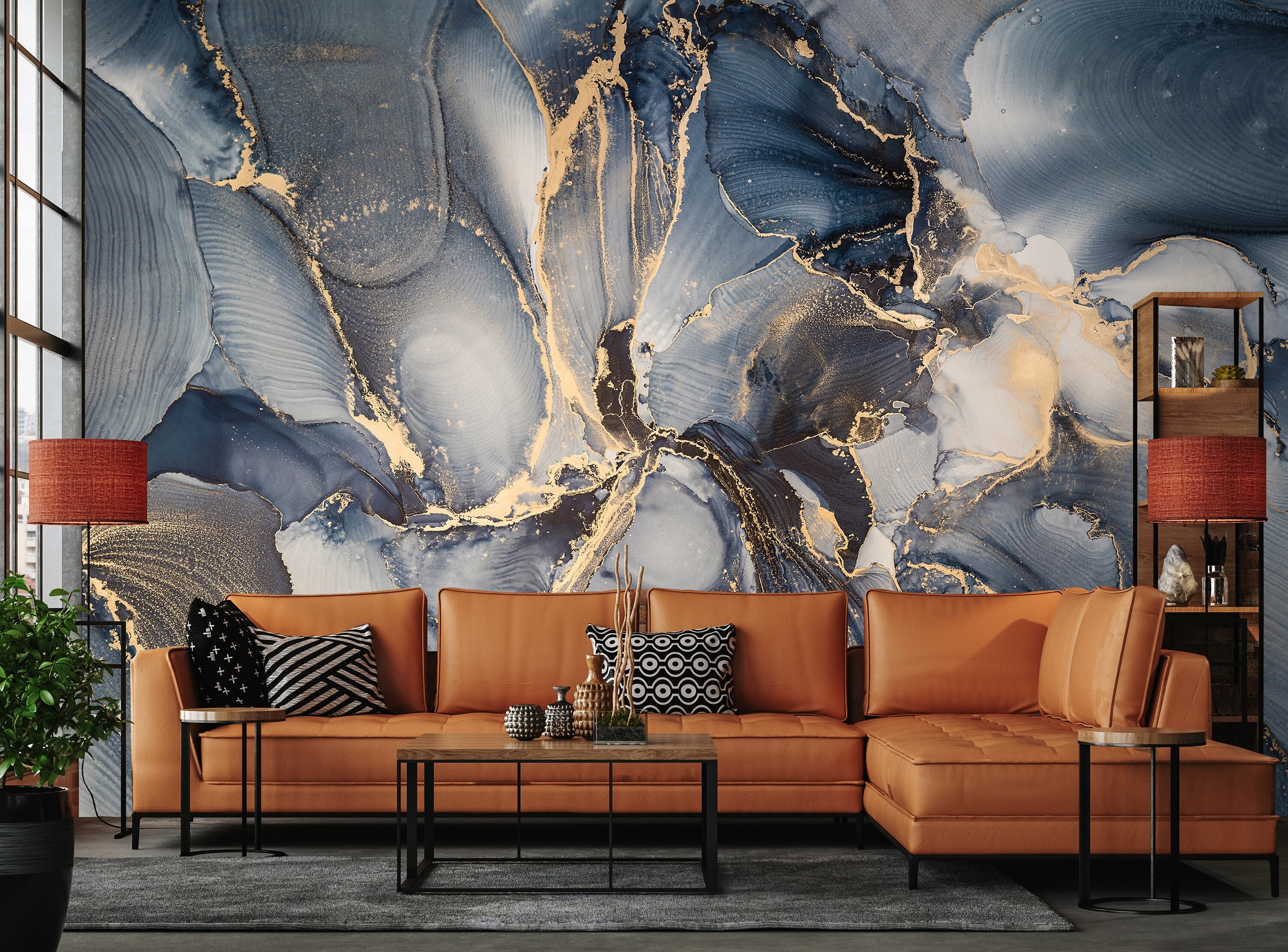 Dark Blue Luxury Wallpaper | Gilded Marble Look Wallpaper| Modern ...
