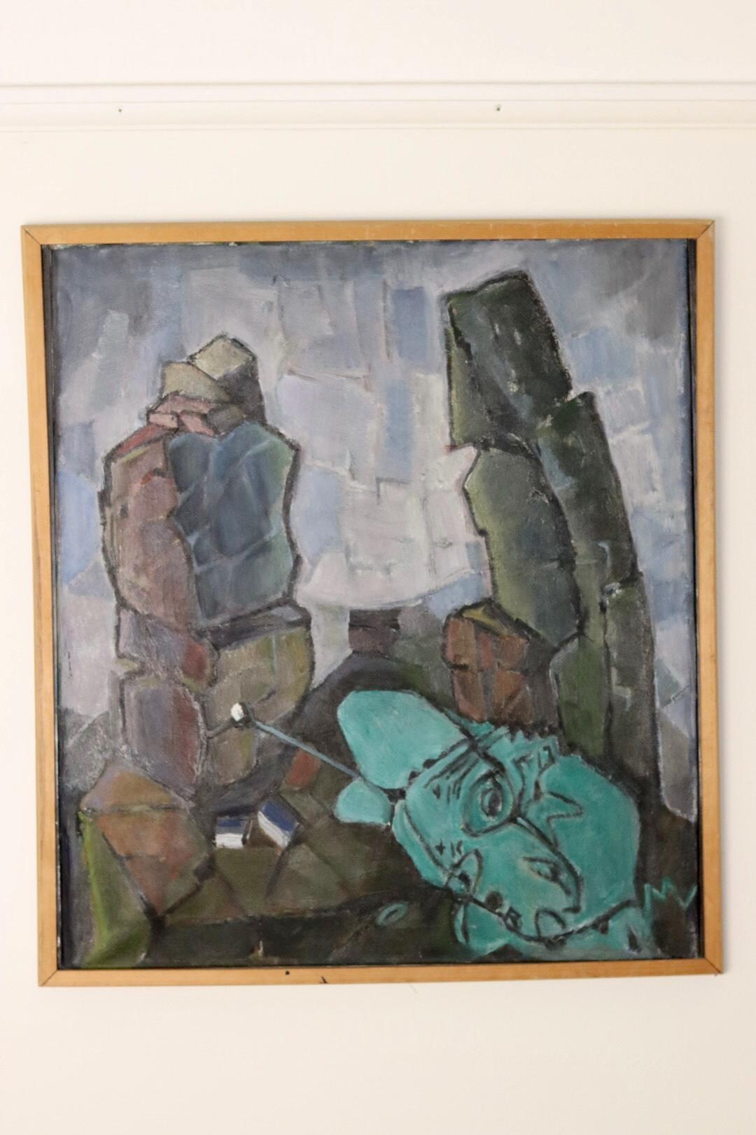 Large Swedish Mid-century Oil on Canvas Painting "cubist Composition ...