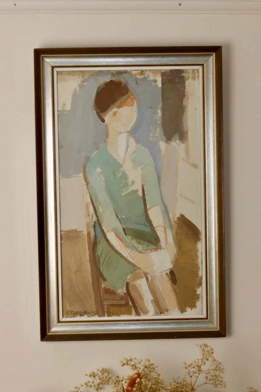 1960's Swedish Mid-century Oil on Board Painting Seated Woman in Green ...
