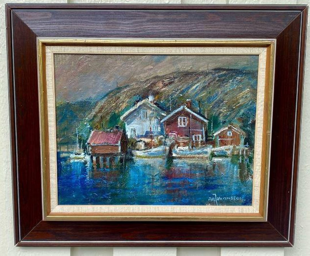 Original Swedish Mid-century Oil on Canvas Painting" Boats, Bohuslän ...