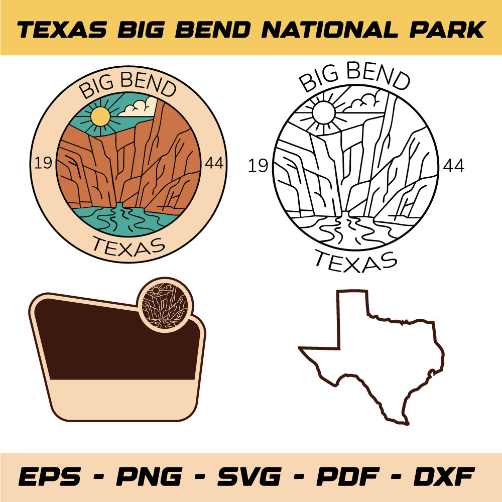 Texas, Big Bend National Park Illustration , Black Outline, Colorful ...