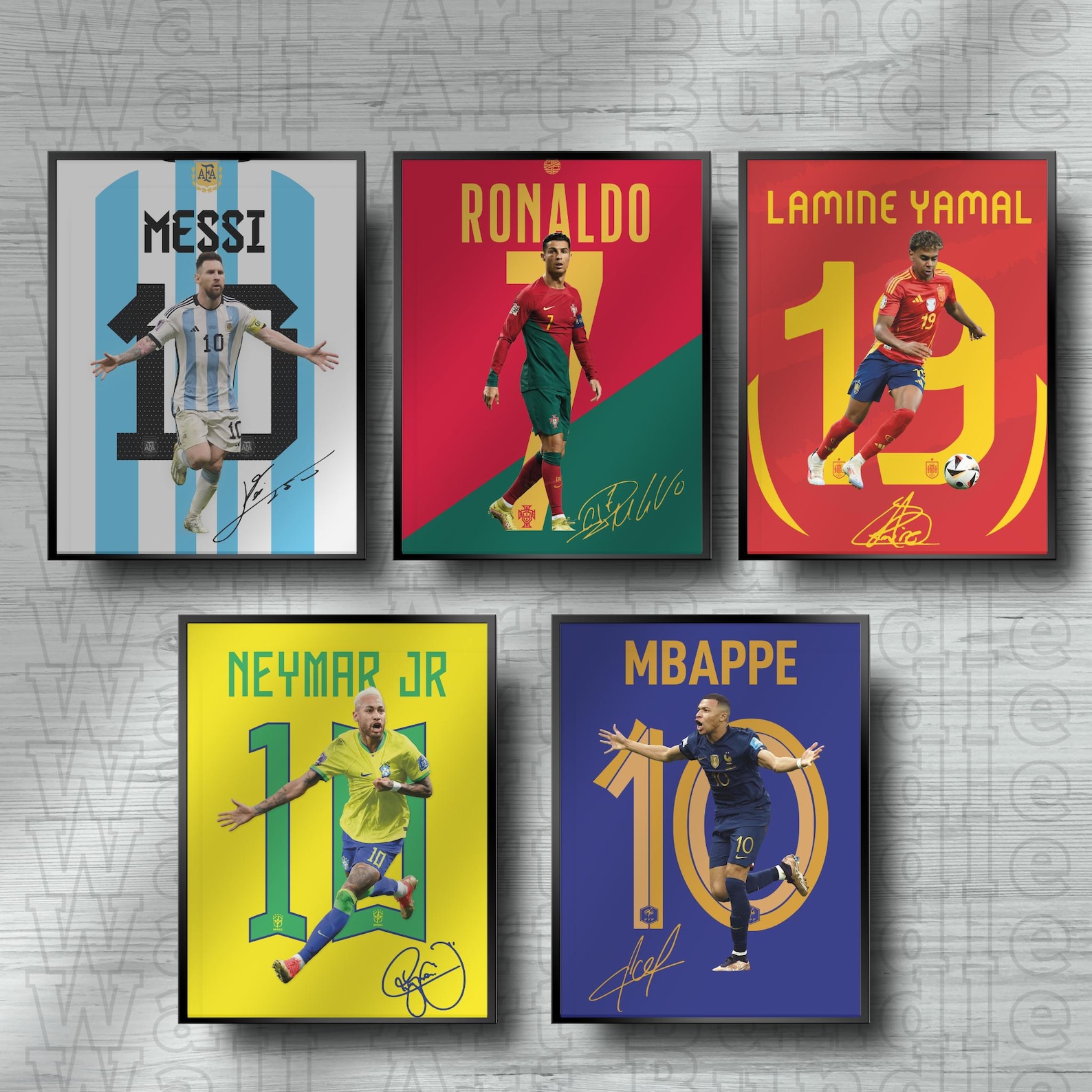 Printable 5 Football Stars Poster, Ronaldo Messi Mbappe Neymar Yamal ...